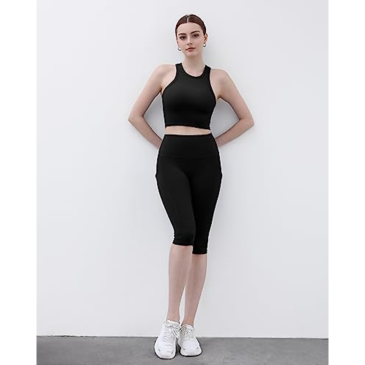 ODODOS Women's Crop 2-Pack Racerback High Neck Ribbed Cropped Tank Tops, Black+Black, Small