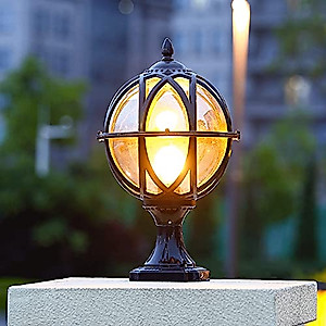 JSBDPHW European Style E27 Pillar Lamp Outdoor Post Light Fixture Creative Spherical Column Light Glass Lampshade Waterproof IP55 Villa Garden Decoration Landscape Light