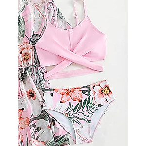 Cozyease Girls' 3 Piece Watermelon Print Drawstring Waist Swimsuit Tie Front Bikini Set Spaghetti Strap Bathing Suit Light Pink 11-12Y