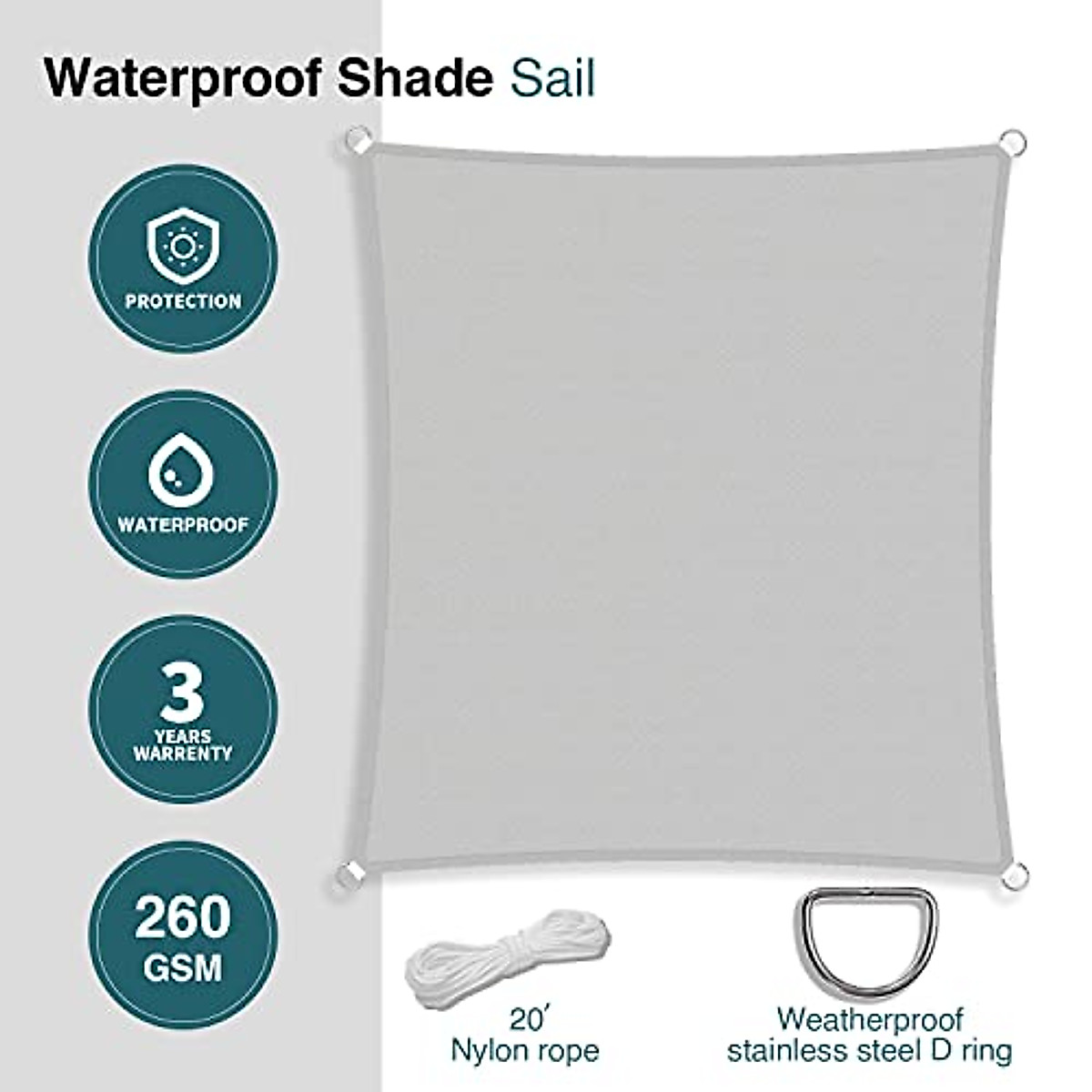 ECOOPTS 16'x16' Waterproof Sun Shade Sail Rectangle Canopy Cover UV Blockage for Outdoor Patio Pergola Backyard Garden (Light Gray)