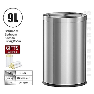 Trash Can with Flipping Lid, 9 L,Trash can with lid，Stainless Steel Trash can,Bathroom Garbage can.Bathroom.Kitchen. Metallic Sliver