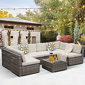 SUNVIVI OUTDOOR 7 Piece Patio Sectional Grey Wicker Furniture for Backyard, Garden with String Beige Cushions, Clips, Coffee Table