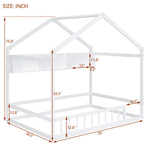 Merax Kids House Bed, Full Size Wooden Bed Frame with Fence, Roof and Storage Shelf for Kids Teens Adults, Wood Slat Support, No Box Spring Needed, Easy Assembly, White