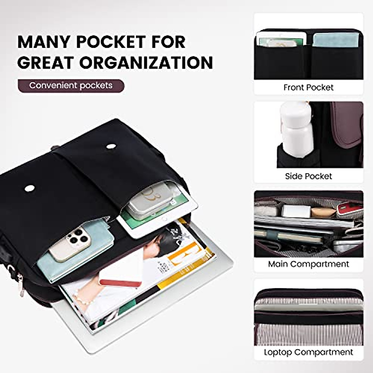 LOVEVOOK Laptop Bag for Women, 15.6 inch Large Capacity Computer Briefcase Case, Crossbody Messenger Shoulder Bag, Office Business Work Tote Bags Purse for Travel Gifts, Deep Plum-black