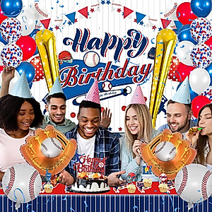 Baseball Birthday Party Decorations, Baseball Balloons Party Supplies, Including Navy Blue Balloons, Baseball theme Background, Tablecloth, Happy Birthday Banner, Cupcake/Cake Toppers