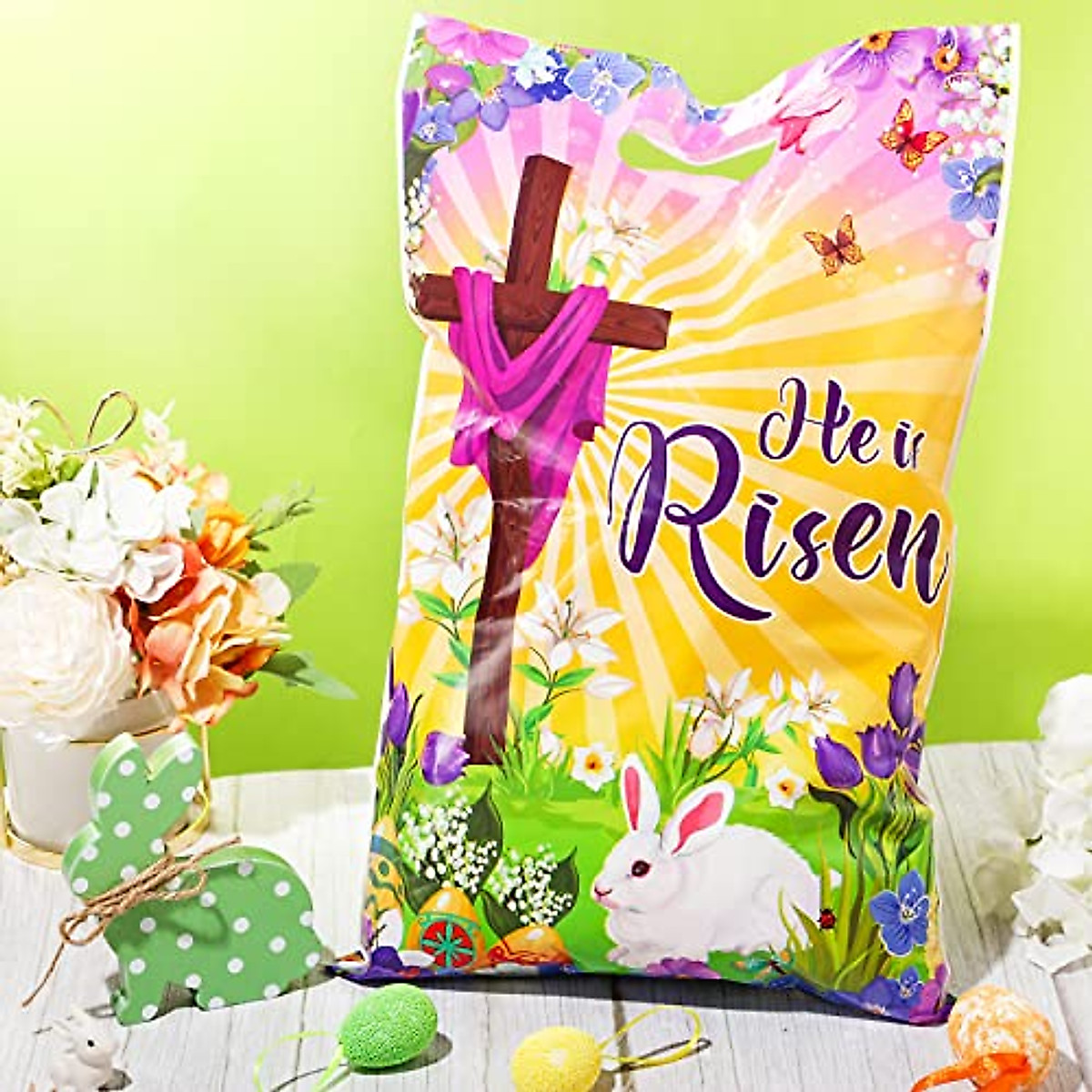 50 Pieces Easter Large Plastic Treat Bags He is Risen Party Favor Bags Easter Religious Candy Goodie Treat Gift Bags Easter Tote Bags with Handles for Easter Spring Jesus Holiday Party Favor