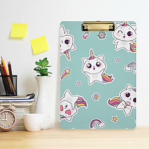 Plastic Clipboard Cute Unicorn Cat Caticorn A4 Letter Size 12.5 x 9 Inch with Metal Low Profile Clip for Office Classroom Students Coaches （Gold Clip）