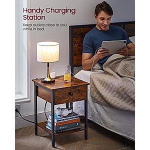 VASAGLE Nightstand with Charging Station, Side Table with Drawer and Open Shelf, End Table, for Bedroom, Easy Assembly, Industrial, Plug-in Series, Rustic Brown and Black ULET513B01