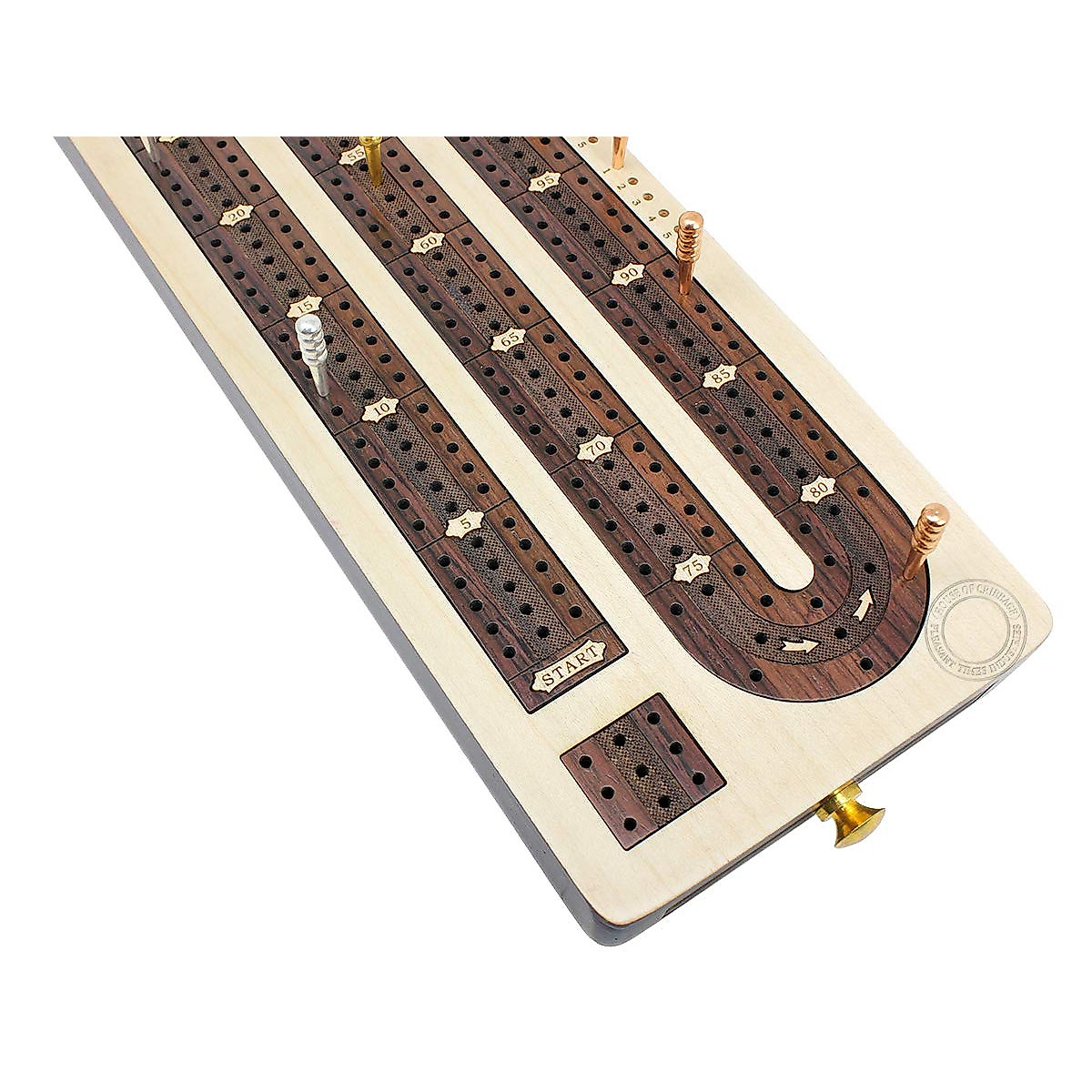 House of Cribbage - 3 Track Continuous Cribbage Board Inlaid in Rosewood - Maple Wood - Size: 12.5 Inches - Storage Drawer for Cribbage Pegs