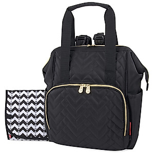 Quilted Backpack Diaper Bag Tote with Changing Pad, Stroller Straps, Insulated Bottle Compartment (Midnight Black)