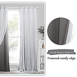 PONY DANCE Living Room Curtains - Blackout Curtains Grey Ombre with White Sheer Overlay Thermal Insulated Mix & Match for Home Decoration with Tie Ropes, W52 x L84 inch, 2 Panels