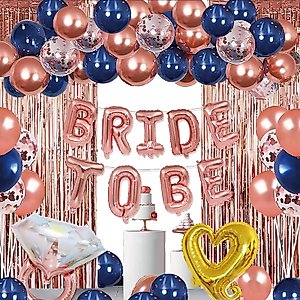 Bachelorette Party Decorations Set, Blue and Rose Gold Bridal Shower Party Decor and Supplies-Bride to Be Balloons, Fringe Curtain, Ring & Latex Balloons for Bridal Shower, Wedding, Bridal Shower