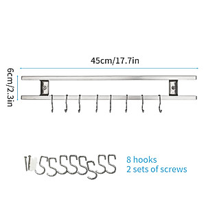 WANLISELL Magnetic Knife Holder for Wall 17.7 Inch Stainless Steel Magnetic Knife Holder Heavy Duty Wall Mounted Magnet Bar Rack With Hooks, Kitchen Utensil Holder