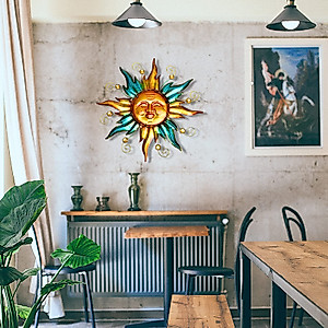 14 Inch Metal Sun Wall Art Decor Hanging Wall Decor,Sunface Wall Sculpture Glass Hanging Ornament,Home Decor Artistic Sun Face Metal Wall Sculpture for Home/Garden/Yard/Farmhouse
