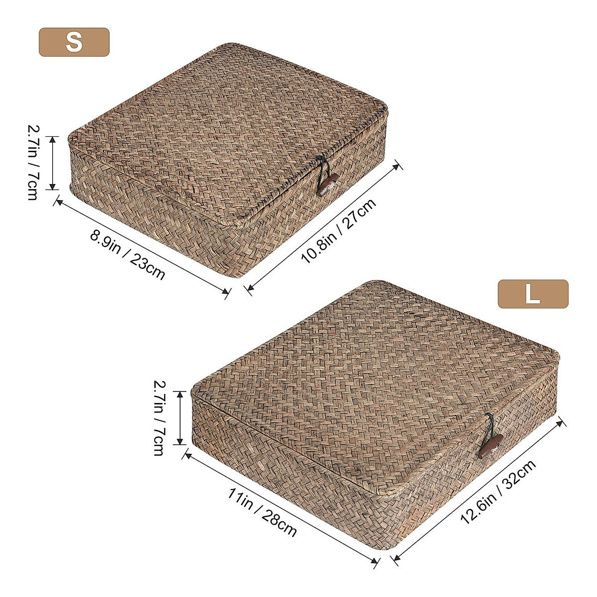 FOSSORH Set of 2 Flat Seagrass Storage Bins with Lid Wicker Storage Baskets for Organizing, Woven Shelf Organizer Bins Home Utility Organizer Box for Home & Office Supplies(Coffee)