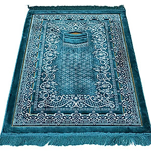 Free Prayer Cap & Beads, Islamic Prayer Rug Janamaz - Plush Velvet Wide (Turquoise)