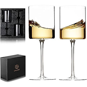 Crystal Square Wine Glasses Set Of 2-14 oz Stemware - Hand Blown Edge Wine Glasses- Red and White Wine Glasses With Stem - Premium Clear Drinkware Glassware