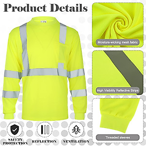 Amylove 4 Pcs Long Sleeve Reflective Safety T Shirt High Visibility Safety Shirts with Reflective Strips Men Women (Yellow,L)
