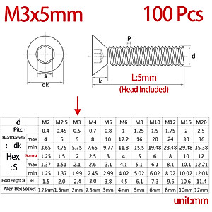 M3-0.5 x 5mm Flat Head Socket Cap Screws Bolts, Stainless Steel 18-8 (304), Bright Finish, Allen Socket Drive,Machine Screws Inner Hex Screw Fasteners Bolts 100 Pcs