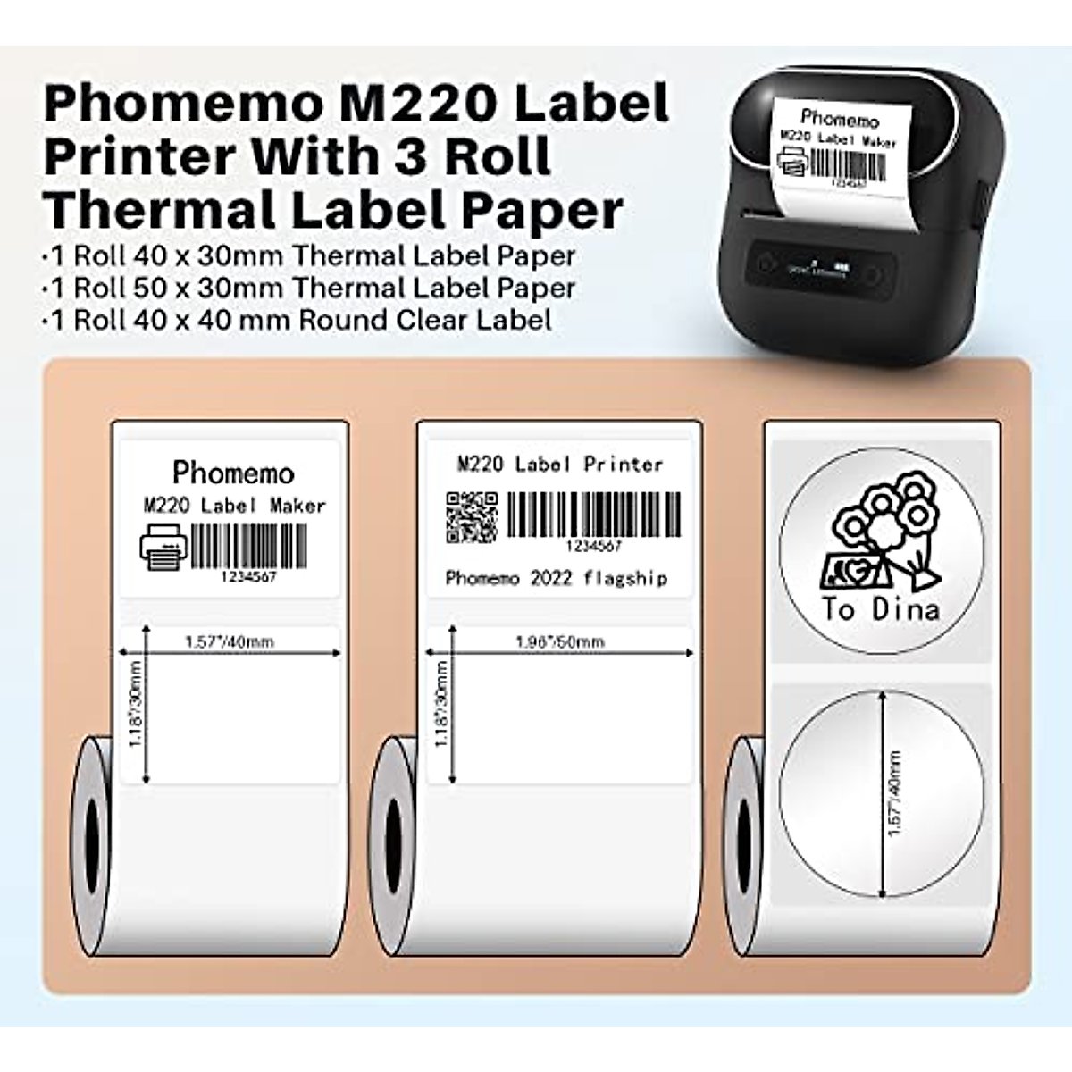 Phomemo M220 Label Maker, Bluetooth Label Printer, 3.14 Inch Portable Thermal Label Maker Machine for Barcode, Labeling, Organizing, Small Business, Compatible with iOS & Android, with 3 Label
