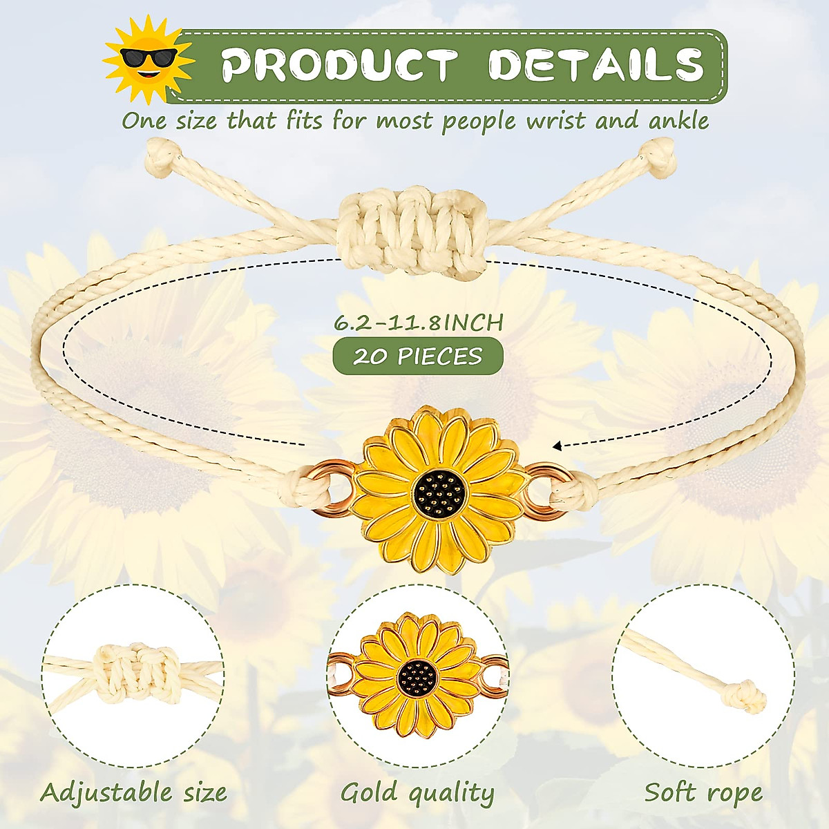 Sureio 20 Pcs Sunflower Bracelets Funny Gifts Adjustable Handmade Friendship Bracelet Bulk Boho Braided Rope String Bracelets for Women Couples Friend(White, Beige, Khaki)