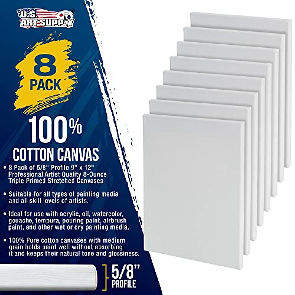 U.S. Art Supply 9 x 12 inch Stretched Canvas Super Value 8-Pack - Triple Primed Professional Artist Quality White Blank 5/8" Profile, 100% Cotton, Heavy-Weight Gesso - Acrylic Pouring, Oil Painting