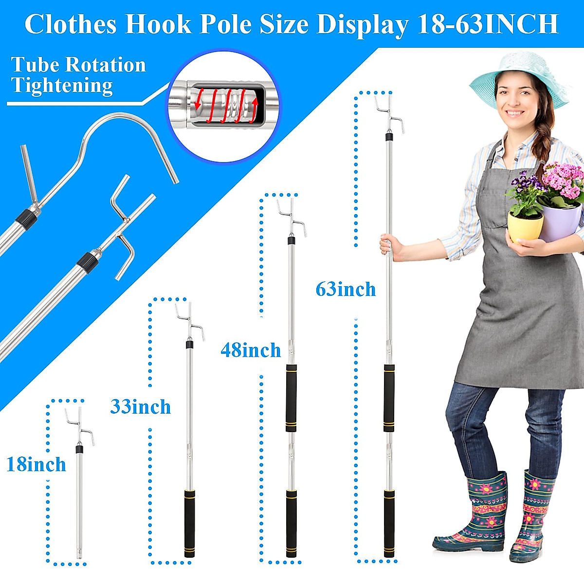 Frebuta Clothes Hook Pole Heavy Duty,32 to 65Inch High Reach Garment Hook 2 Hooks for Hanging Birdfeeder Stainless Steels Tube Extension Pole with Hook for Reaching to Reach High Hangers