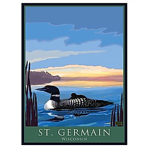 St Germain Wisconsin Loon & Chick Giclee Art Print Poster from Illustration by Artist Joanne Kollman 9" x 12"