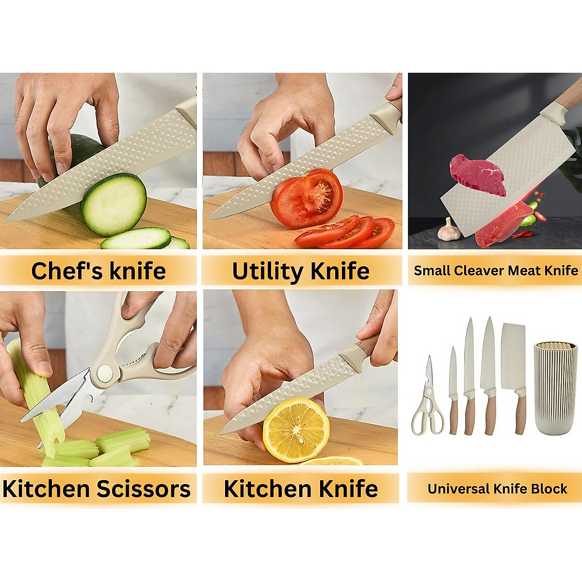 TheTJShop Kitchen Knife Set, TheTJShop 6-Piece Ultra Sharp Kitchen Knife Set with Khaki Block - Professional Anti-Rust Stainless Steel Chef Knifes for Home & Kitchen | Khaki |, 12*12*25cm