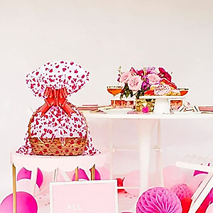 CIEOVO 20 Pieces Large Valentine Basket Bags and 20 Pieces Bows Ribbon 27 x 39 Inch Clear Valentines Day Baskets Empty Bags Heart Printed Cellophane Wrap for Gift Baskets Presents Weddings