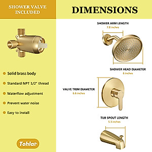 Tohlar Gold Shower Faucet Set with Tub Spout, Bathtub and Shower Faucet Combo Kit, 6-Inch Rain Shower Head and Faucet Set with Valve, Brushed Gold