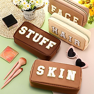 Cunno 4 Pcs Preppy Makeup Bags Chenille Letter Stuff Bag Nylon Cosmetic Pouch Cases with Zipper for Women Travel Toiletry(Brown Set,Vivid)