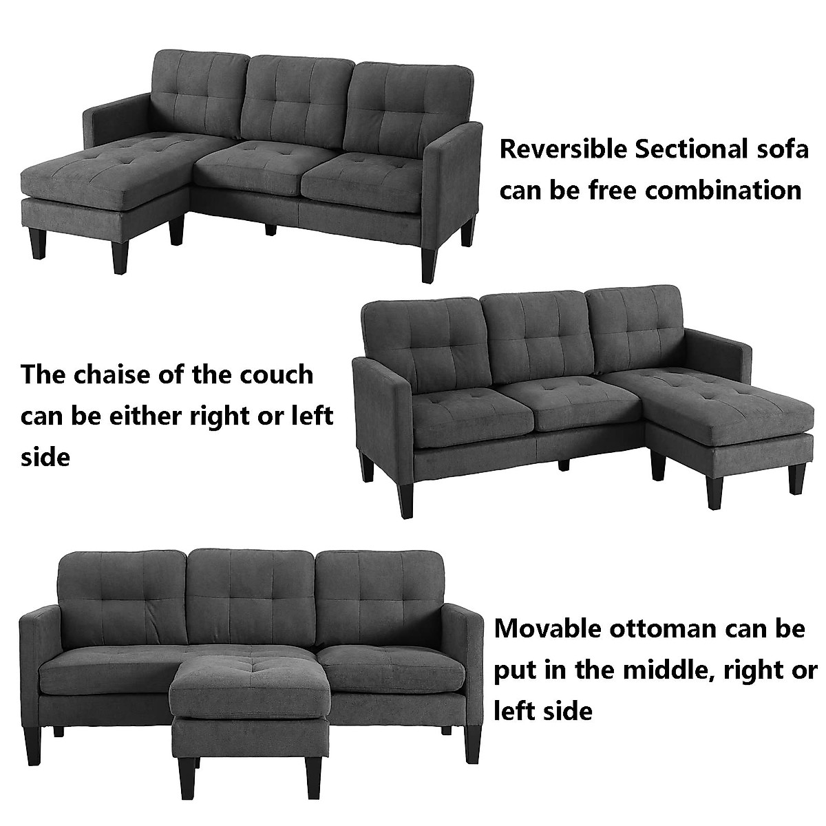 TITIMO Convertible Sectional Sofa Couch, L Shaped Sofa with Reversible Chaise Convertible Sectional Couch 3-Seater Modern Small Couches for Small Space (Grey)