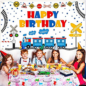 Train Theme Happy Birthday Banner Backdrop Train Party Decorations for Boy Girl Kid Train Birthday Party Supplies Railroad Train Crossing Themed Party Backdrop Background Decorations 71 x 44 Inch