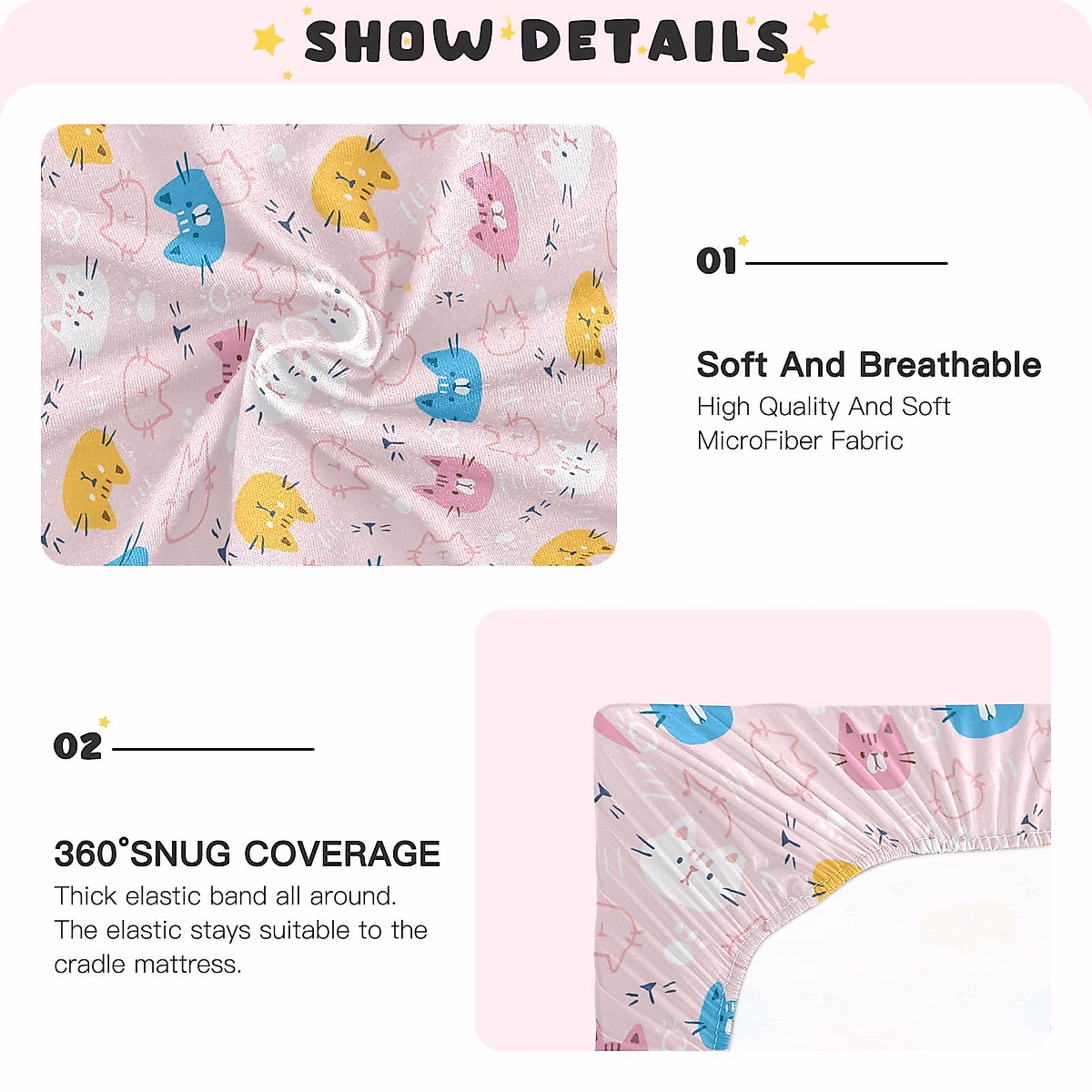 Kigai Cartoon Cat Face Pink Crib Sheets for Boys Girls, Soft and Breathable Pack n Play Sheets, Portable Mini Stretchy Cribs Sheets, 39x27 Inch