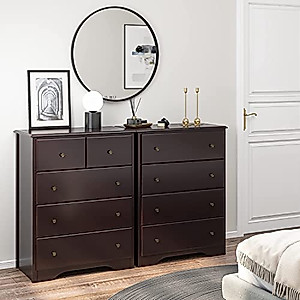 HOUSUIT Dresser with 5 Drawers, Retro Dressers for Bedroom, Wide Chest of Drawers Clothes Organizer, Wooden Nightstand for Living Room, Closet, Hallway, Dark Brown