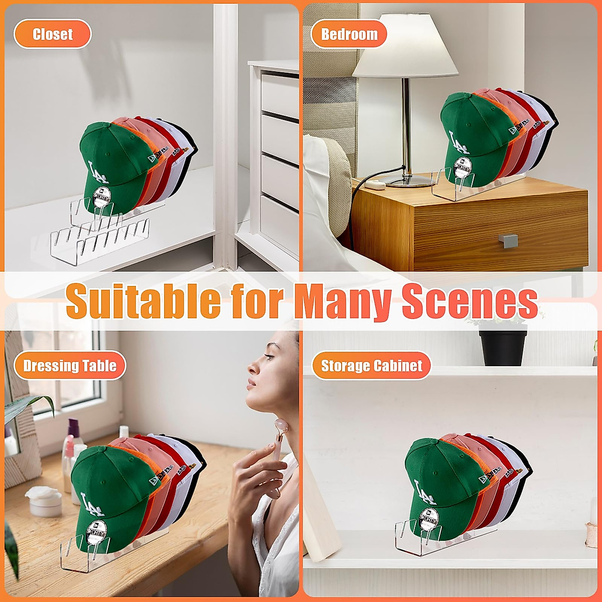 Sloworld Hat Stand for Baseball Caps, 2 Pcs No Install Acrylic Hat Organizer for 14 Baseball Caps, Hat Racks for Baseball Caps Display and Organizer for Bedroom, Closet, Dresser, Office (clear*2)