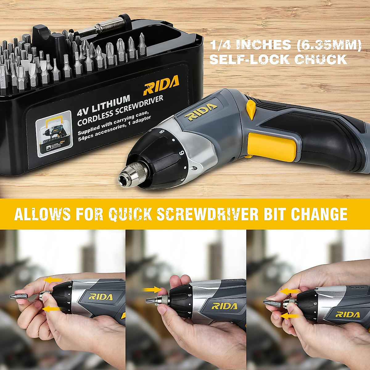 RIDA Cordless Screwdriver 4V Electric Screwdriver Rechargeable Screw Gun Kit w/10+1 Torque & 2 Position Handle, 3 LED work indicator & LED flashlight, 58pcs Accessories and Tool Box New Year presents