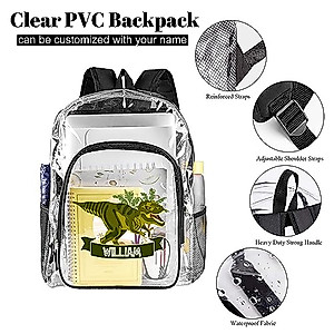 J&SBGFT Personalized Clear Backpack for Boys,Custom Dinosaur Clear Backpacks with Name,Transparent Backpack with Reinforced Strap,See Through Book Bag,Waterproof Heavy Clear Book Bag for School