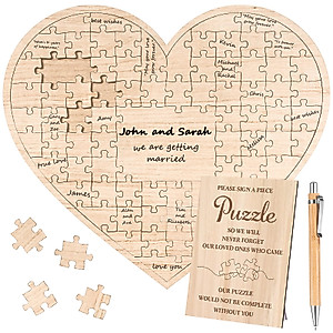 Wooden Jigsaw Puzzle Wedding Guest Book Alternative Guest Book with Sign and Pen Wooden Heart Shaped Wedding Guest Book Personalized Bridal Shower Guest Book for Engagement Anniversary Party,77 Pieces