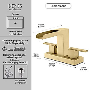 KENES Brushed Gold Waterfall Bathroom Faucet 3 Hole Gold 4 Inch 2 Handle Centerset Bathroom Sink Faucet Modern Bathroom Vanity Faucet with Supply Lines, KE-9053-4