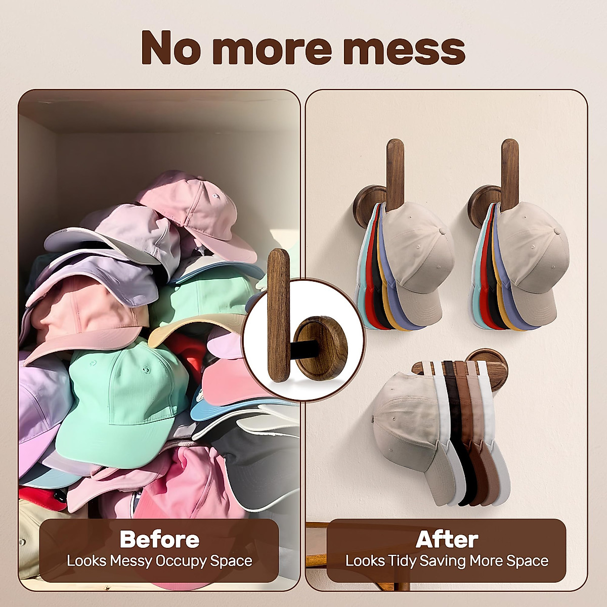 Hat Rack for Wall Hat Organizer for Baseball Caps Strong Adhesive Hat Hooks for Wall Decorative Hooks Walnut Cap Holder Organizer Hat Holder Storage Hanger for Closet Door, Gift for Man Woman(2 Pack)