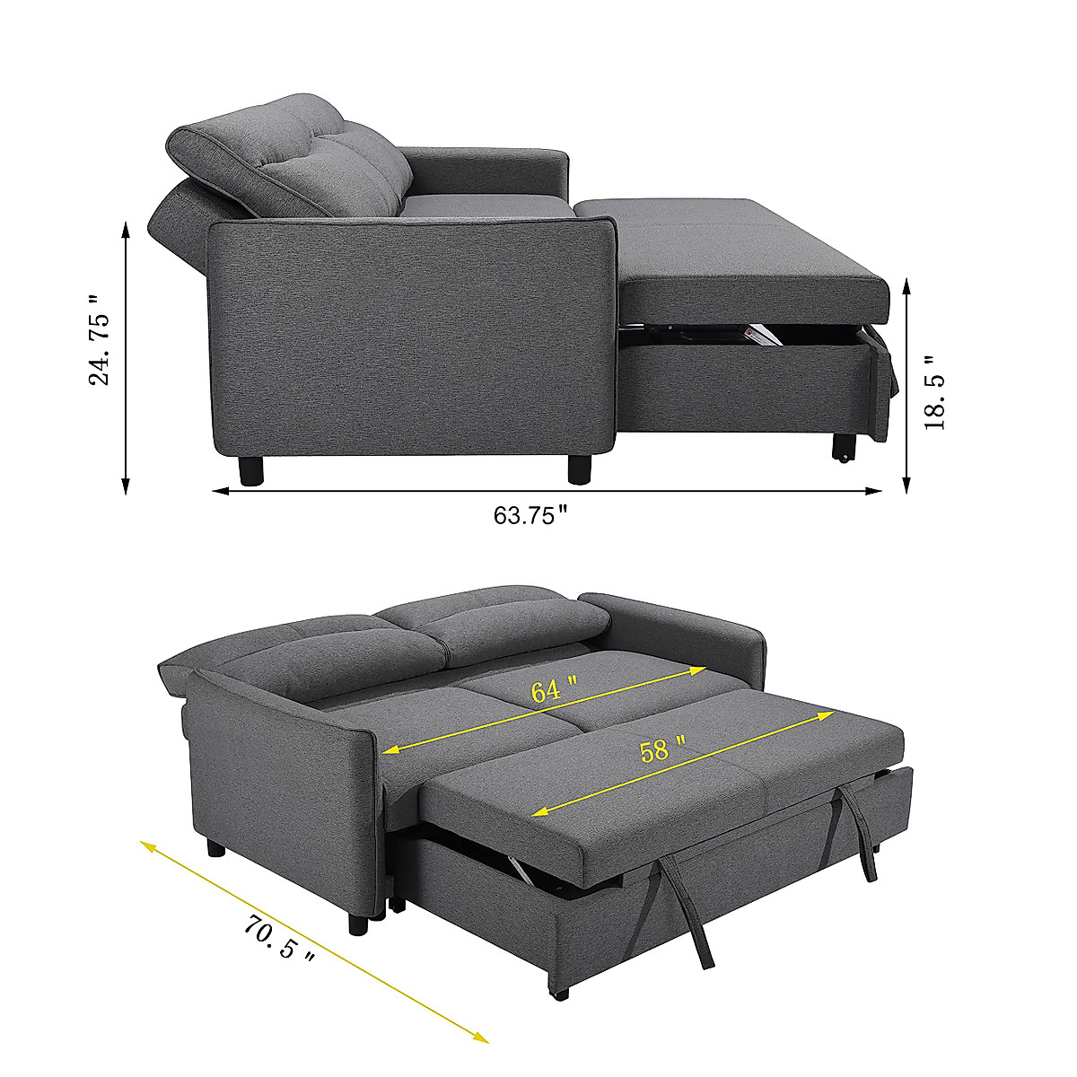 74.5" W Futon Loveseat W/Pull Out Sleeper Couch Bed and 2 Pillows,3 in 1 Reclining Backrest Love Seat Convertible Queen Size Sleeper&Sofabed for Home Apartment Office Living Room