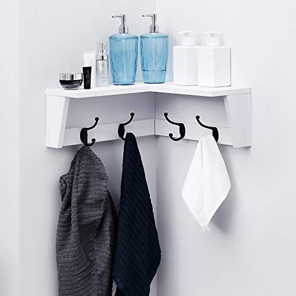WELLAND Corner Shelf Wall Mounted, Corner Floating Coat Rack Shelf, Corner Hanging Coat Rack with 4 Hooks