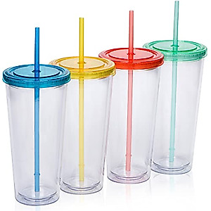 Zephyr Canyon 24oz Double Wall Plastic Tumblers with Lids and Straws | Large Classic Travel Tumbler | Clear Reusable Cups with Straws | BPA Free (Multicolor - 4 Pack)
