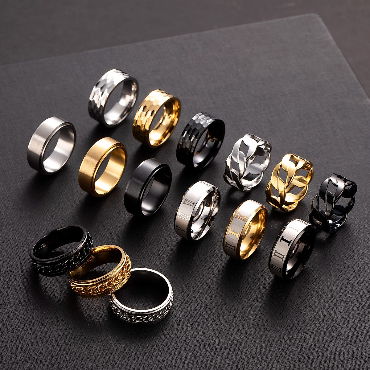 LOAYHOAY 15PCS Stainless Steel Band Rings for Men Women Fidget Rings for Anxiety Engagement Wedding Promise Rings Set Size9