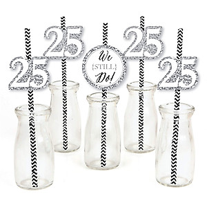 Big Dot of Happiness We Still Do Paper Straw Decor - 25th Wedding Anniversary Party Striped Decorative Straws - Set of 24