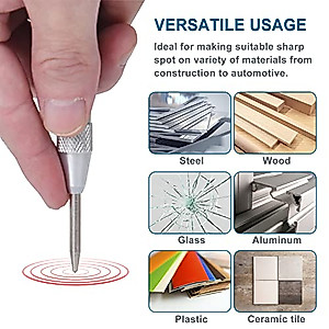 DLJZGC 2 Pack Automatic Center Punch, 5 inch Heavy Duty Steel Spring Loaded Center Punch with Adjustable Impact, Center Hole Punch Tool for Metal Wood Glass Plastic, Two Replacement Tips Included