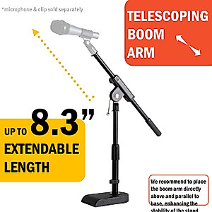 Stage Rocker Adjustable Low-profile Microphone Stand - Snare/Tom Bottom/Bass (Kick) Drum/Table Top, Adjustable Height, 15.75“ Telescoping Boom Arm, Clip-on cable holder, Powered by Hamilton (SR610111)