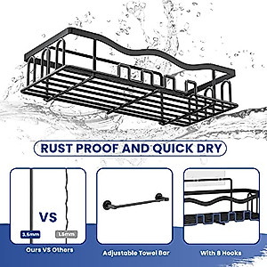 SEIRIONE Set of 3 Adhesive Shower Caddy,Solid Bathroom Shower Organizer,Rustproof Shower Shelves for Inside Shower,Large Capacity Shower Racks for Inside Shower,In Shower Storage with 8 Hooks,Black